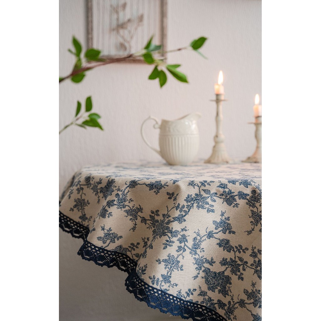 Tablecloth Blue Rose Printed Table Cloth Cotton Linen round Fabric ...