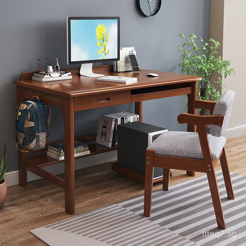 Solid Wood Desk with Bookshelf Integrated Desk Simple Computer Desktop ...