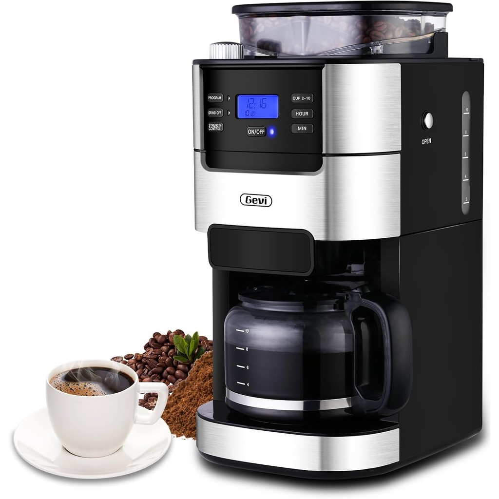 Gevi 10-Cup Coffee Maker with Built-in Burr Grinder, Programmable Timer ...