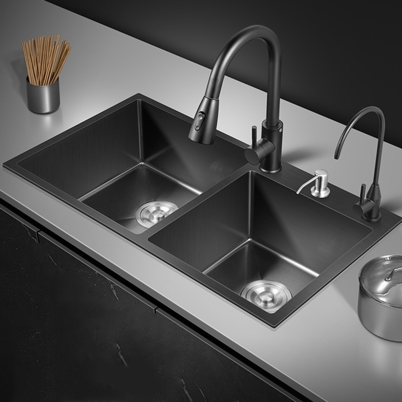 GY LEMON Black Nano Sink Three Holes Double Sink Household 304 ...