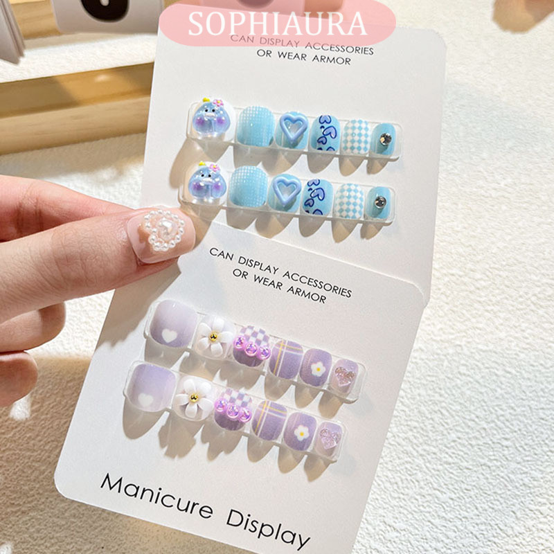 SOPHIAURA Fake Nails for Kids 3D Design Press on Nails with Sticker ...