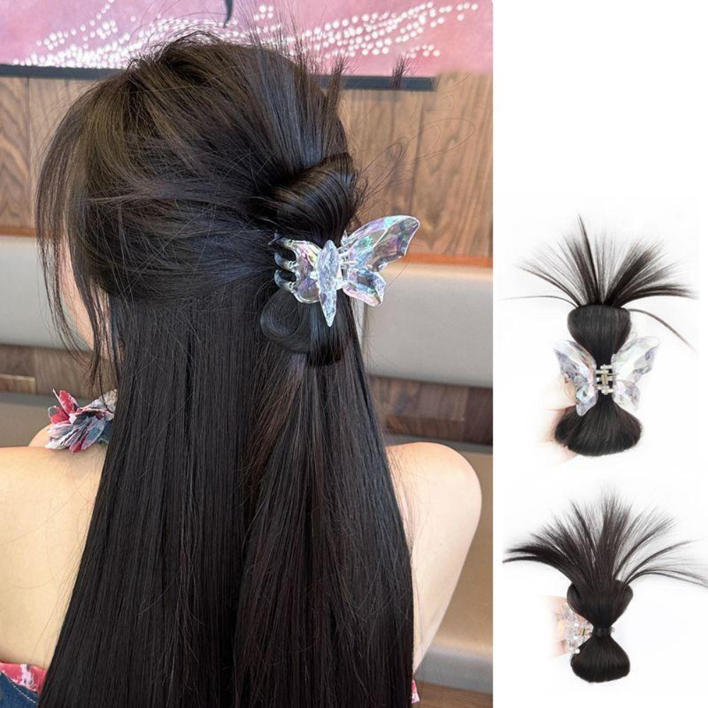 Crystal Bow Fake Pony Hair Voluminous Y2K Messy Bun Wig with Clip No ...