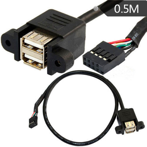 50cm Dual USB 2.0 USB-A female panel mount to 9 Pin/10Pin Female header ...