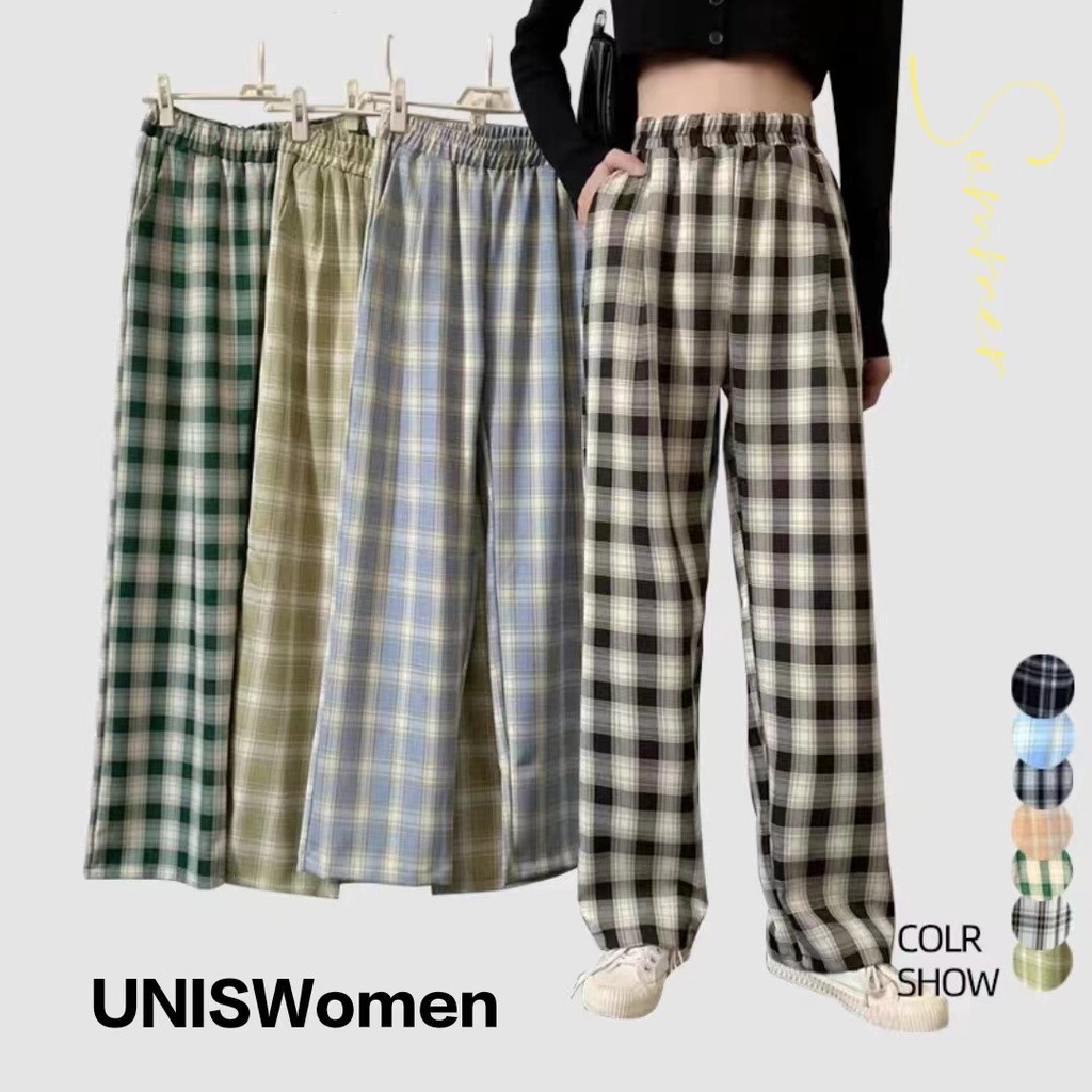 Summer Plaid Pants Women High Waist Slimming Straight Wide-leg Pants ...