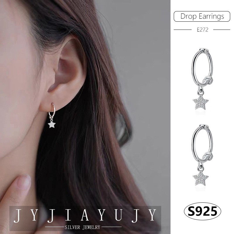 JYJIAYUJY In Stock 100%Sterling Silver S925 Earrings Hoop Drop Earrings Star Shape White Zircon ...