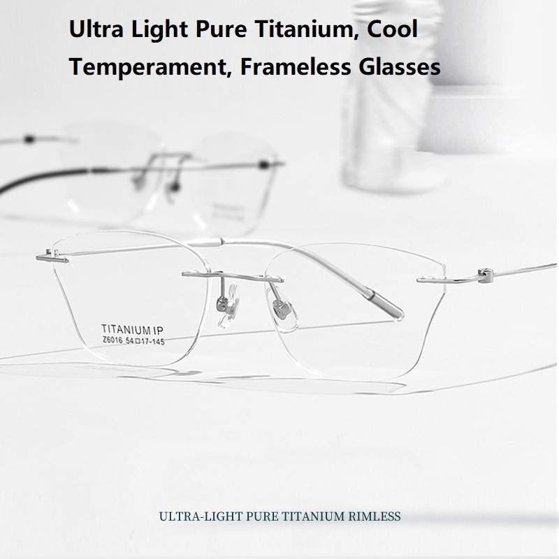 Retro Shaped Frameless Pure Titanium Glasses Frame6016Men's and Women's ...