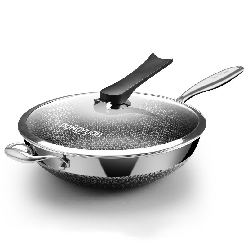 316 Stainless Steel Honeycomb Non Stick Wok Pan Stir-fry Wok with Lid ...