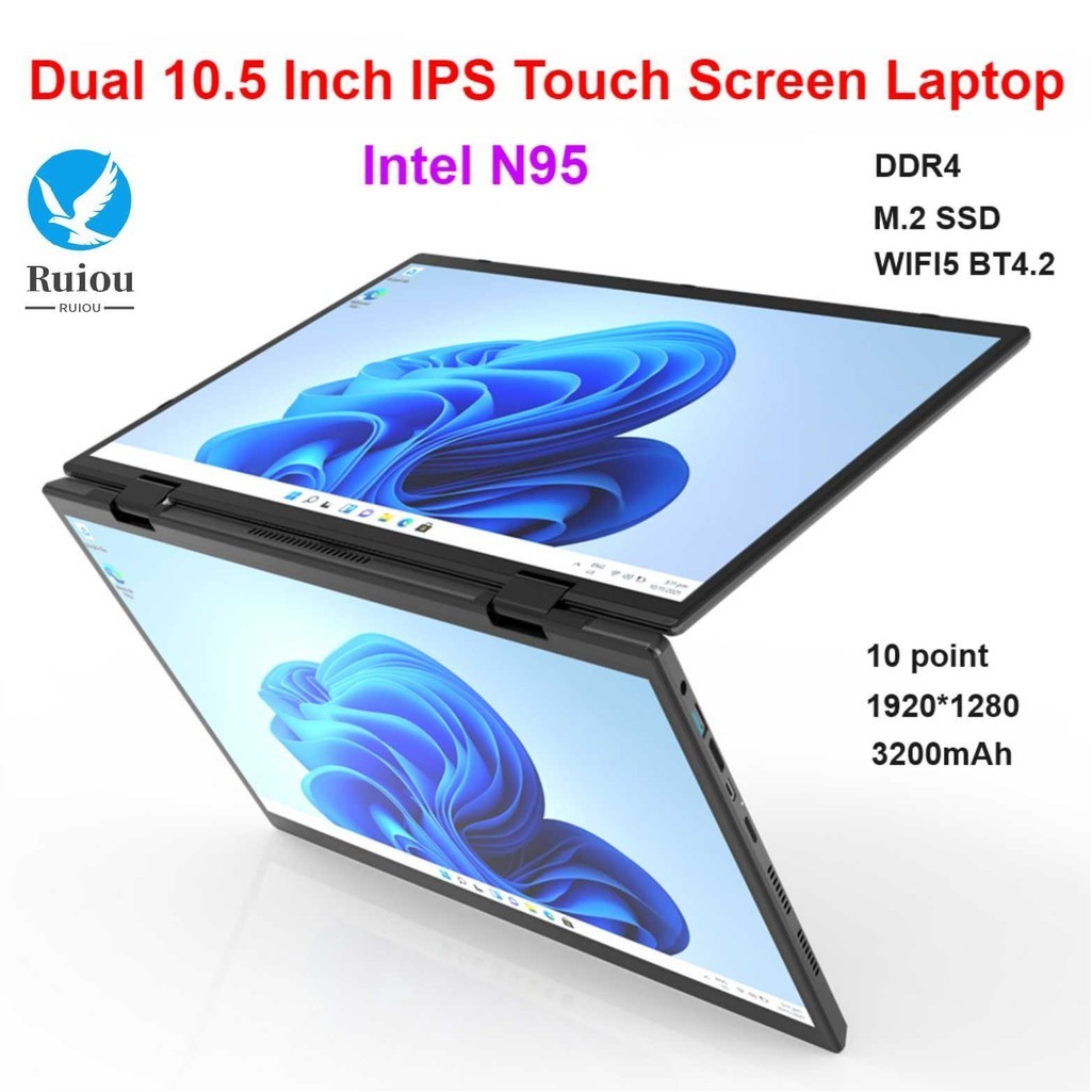 Dual 10.5 Inch LCD Touch Screen Laptop Intel Alder Lake N95 Laptop Windows 11 2 in 1 Tablet PC ...
