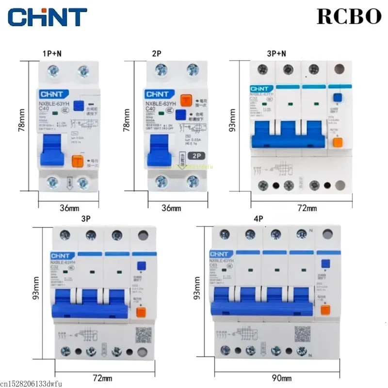 CHINT NXBLE-63YH 1P+N 2P 3P 3P+N 4P 30MA Small Size RCBO Residual Current Circuit Breaker With ...