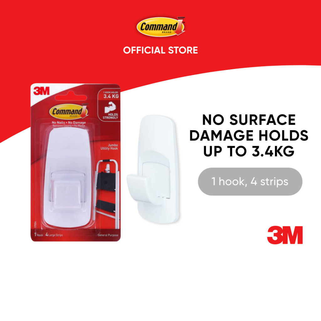 3M™ Command™ Jumbo Utility Hook, 17004, No Surface Damage, Holds up to ...