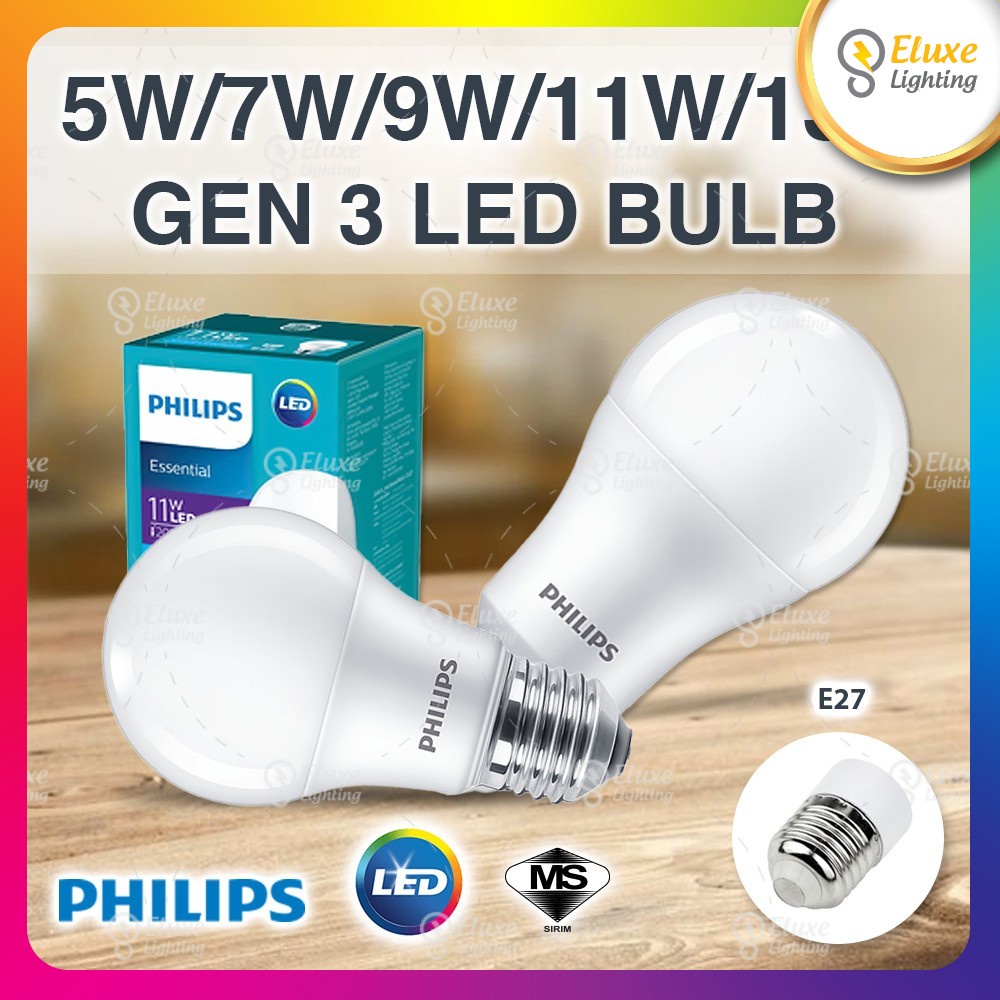 PHILIPS 5W/7W/9W/11W/13W E27 ESSENTIAL GEN3 LED BULB SIRIM Mentol Lampu | Shopee Singapore