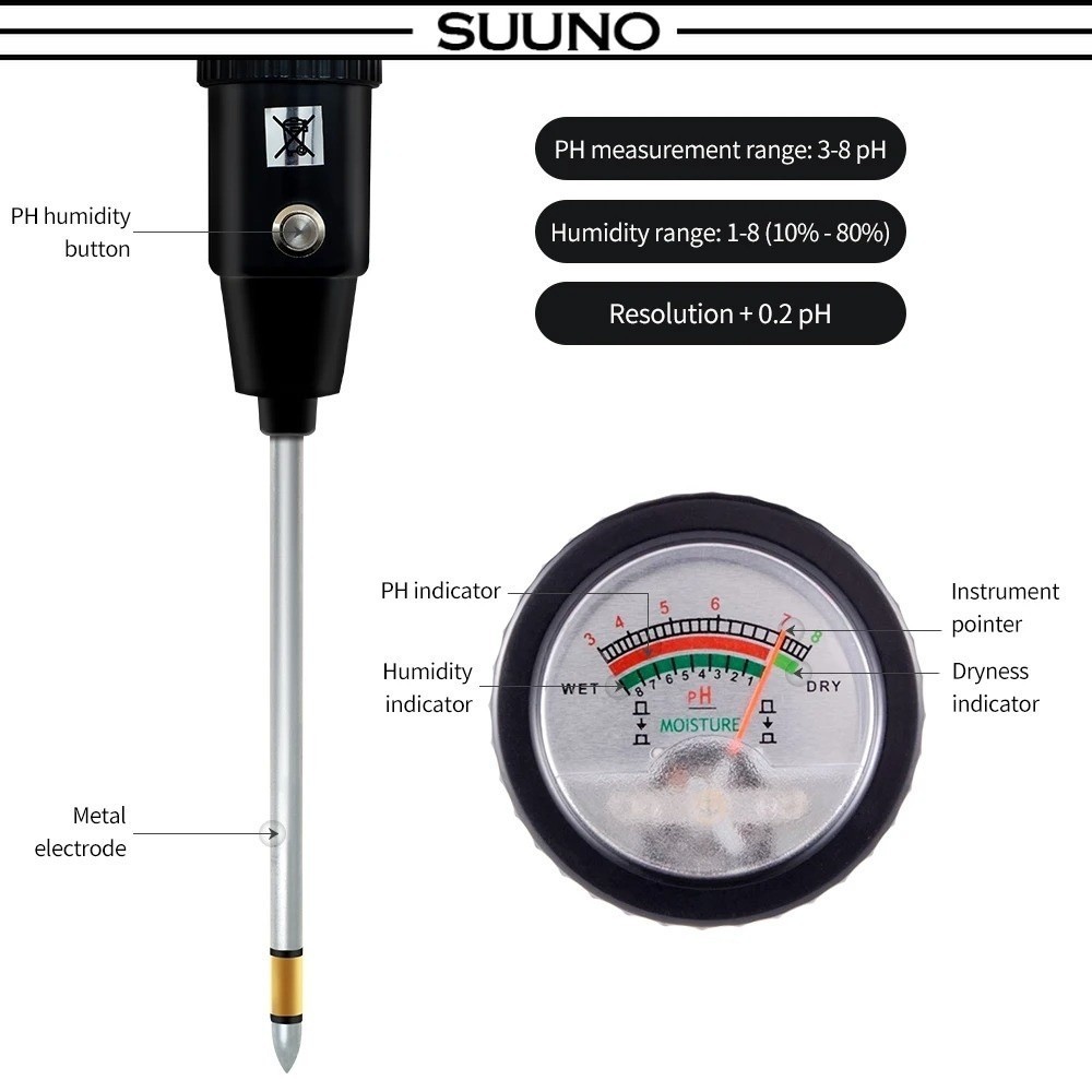 Soil pH Meter & Moisture Meter 300mm Long Electrode Portable Soil Ph ...