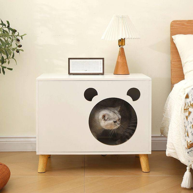 Solid wood cat bedside table Simple home small bedroom movable bedside ...