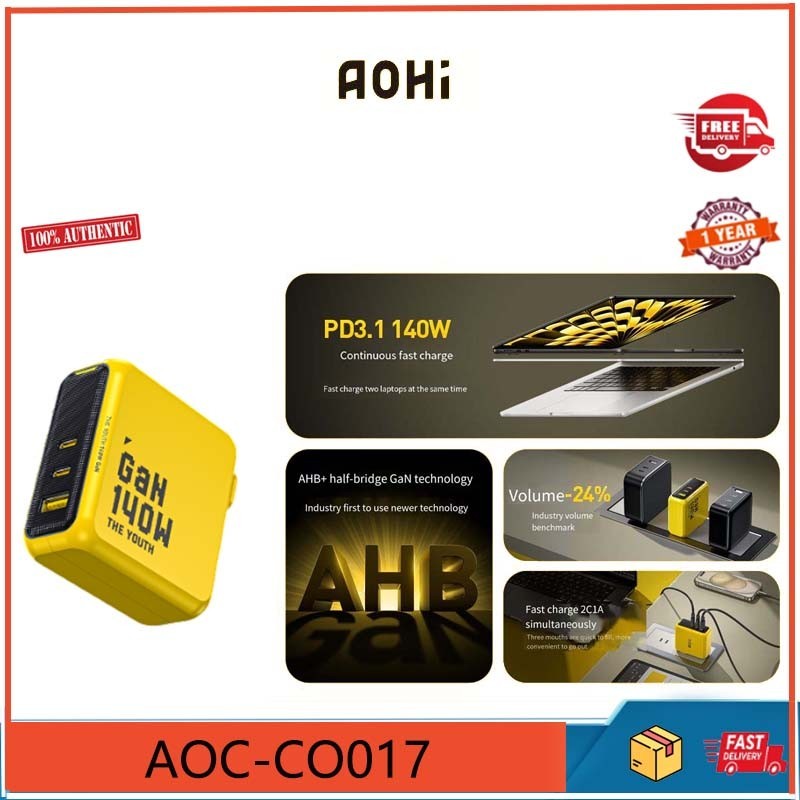 Aohi AOC CO017 140W Gallium Nitride Youth Edition Charger Type-C Multi Port Fast Charging Plug ...