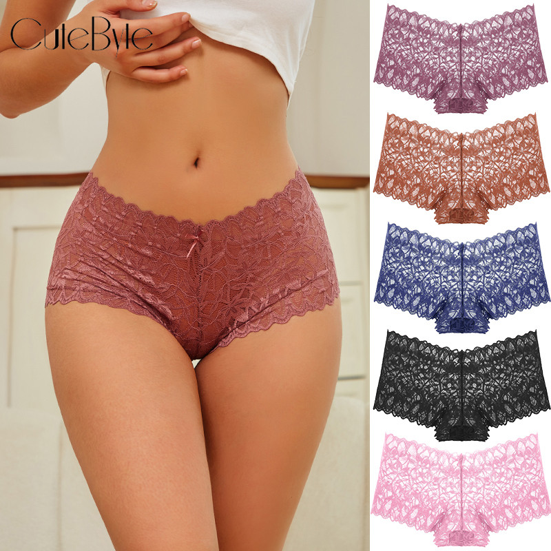 CuteByte Lace Boxer Shorts Panties for Woman Floral Mid-waist Lingerie Sexy Hollow Out Underwear ...