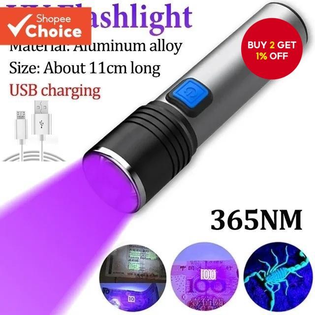 Purple Light LED Zoom Flashlight , 365nm UV Rechargeable for Tobacco ...