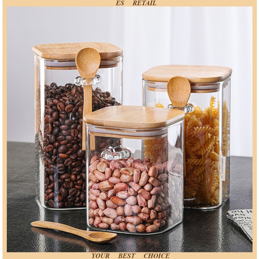 Square borosilicate glass container with spoon Airtight container ...