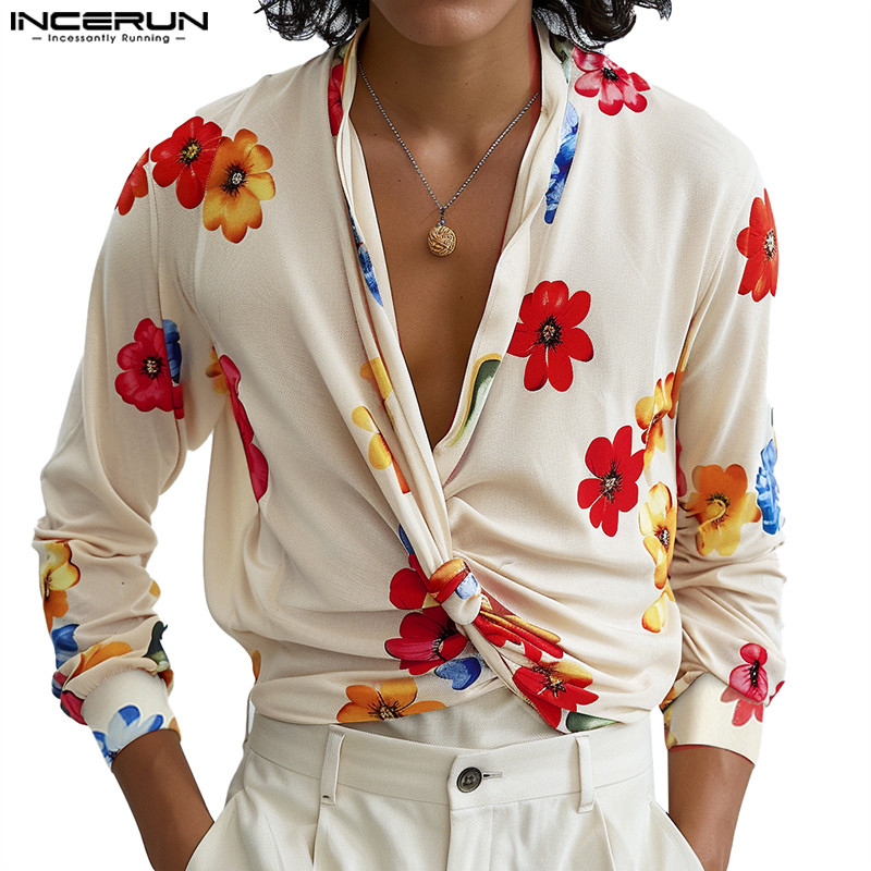 INCERUN Men Vintage Casual Floral Print Twisted V-Neck Long Sleeve ...