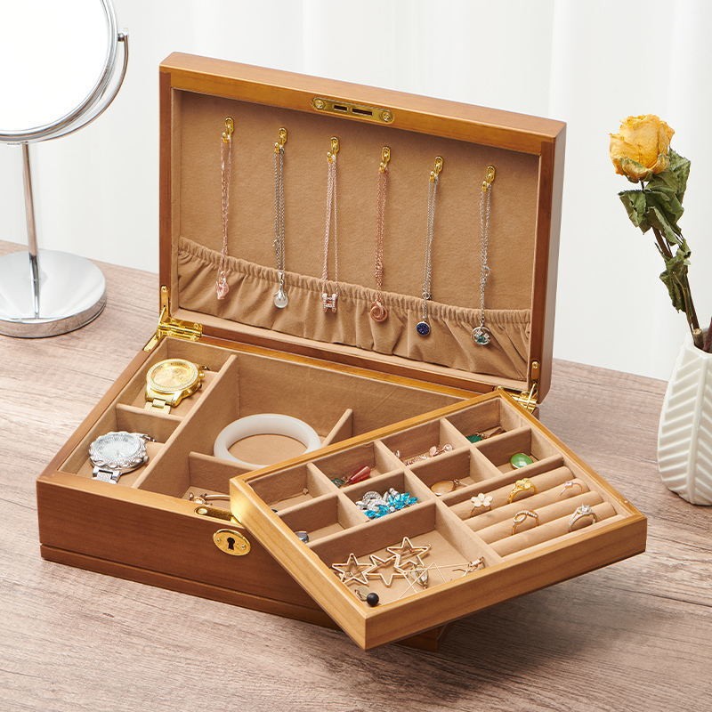 Double-Layer Solid Wood Jewelry Box with Lock High-End Jewelry Earrings ...