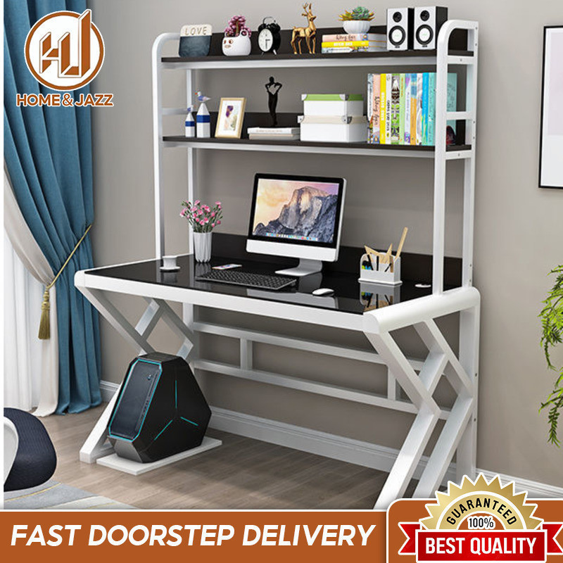 HomeK Modern Study Desk Computer Table Tempered Glass With Bookshelf ...