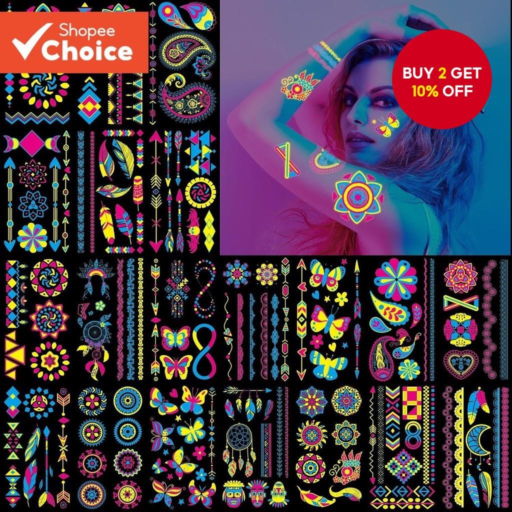 20 Sheet Luminous Fluorescent Tattoos Under UV Neon Blacklight, Glow in ...