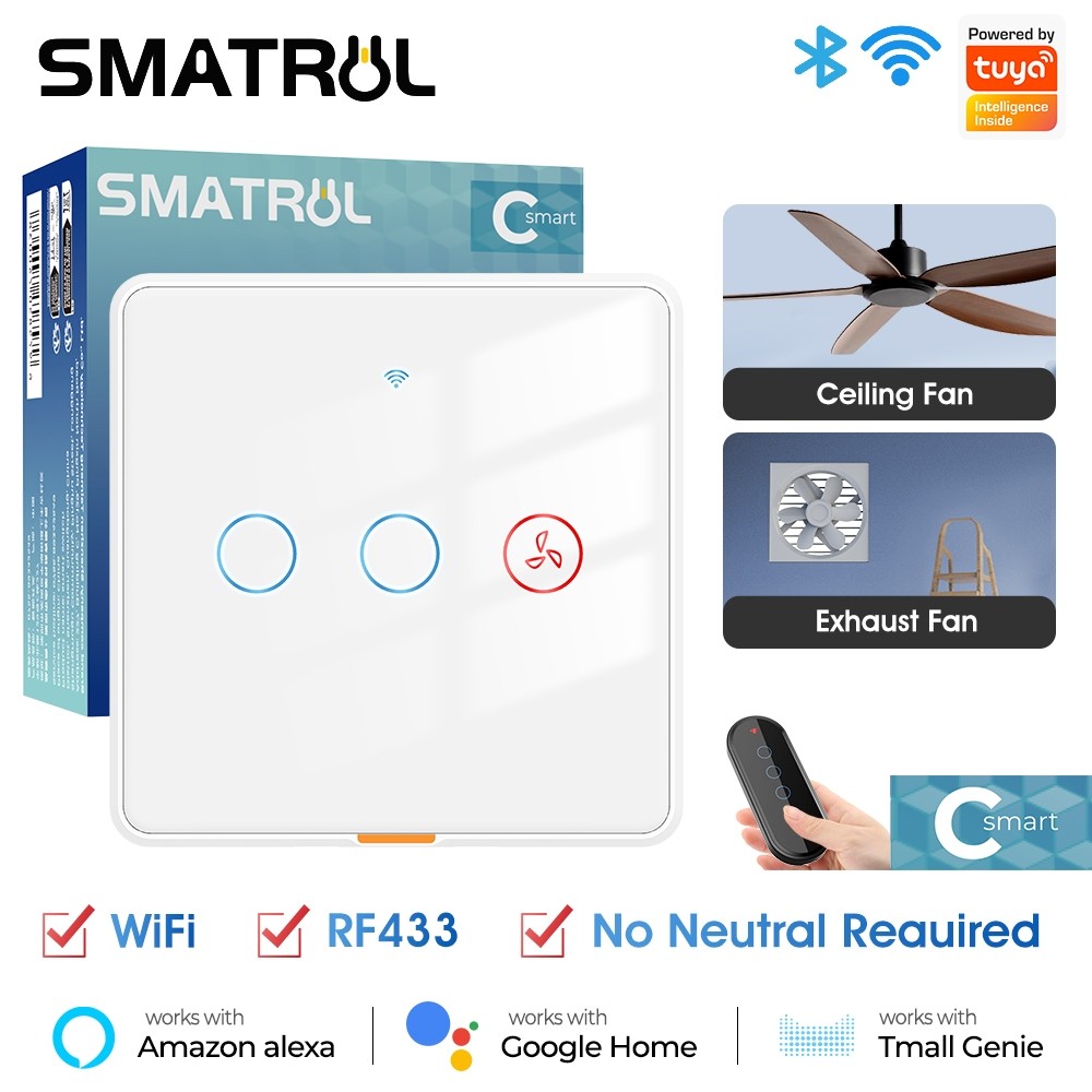 SMATRUL No Neutral Wire Tuya Smart WiFi RF433 Fan Ceiling Light Switch ...