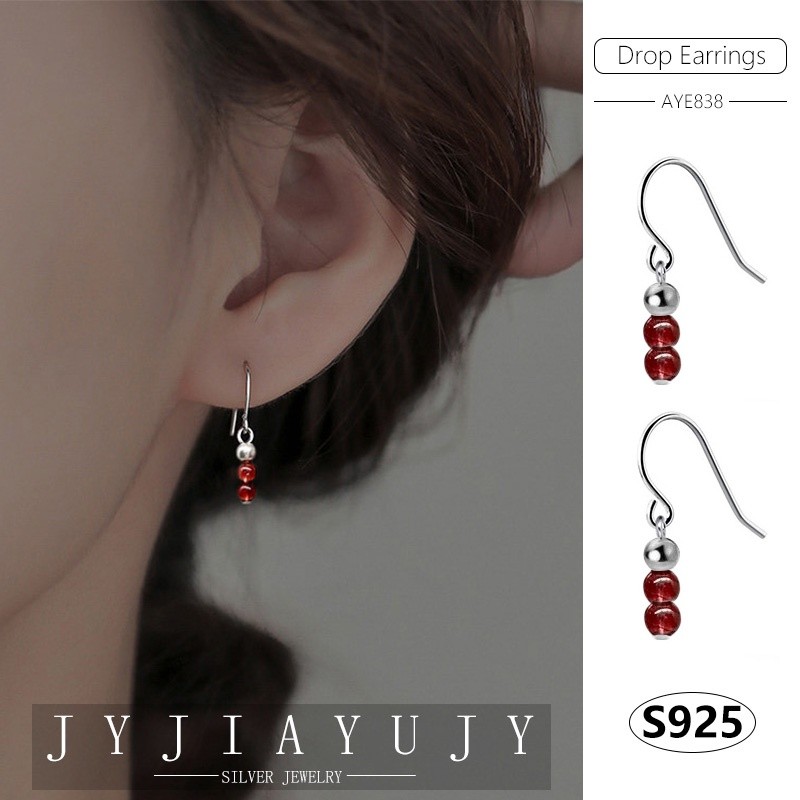JYJIAYUJY In Stock 100%Sterling Silver S925 Drop Hook Earrings 3mm Natural Garnet Red Color ...