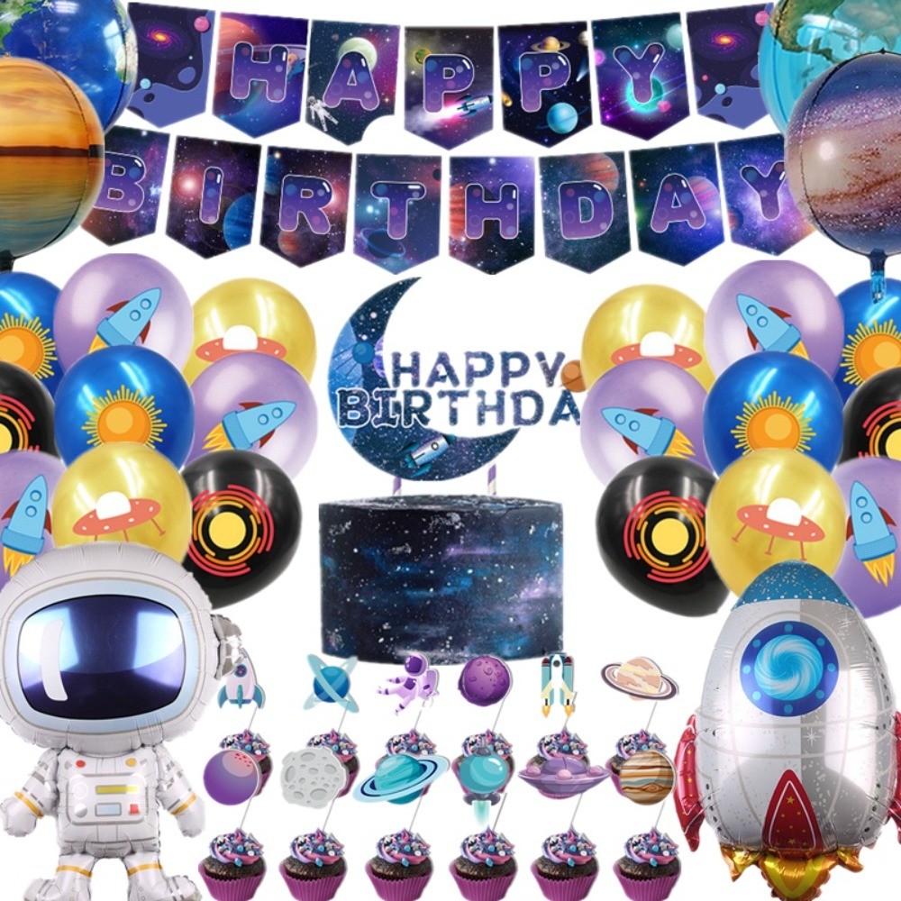 Outer Space Planet Theme Banner Cake Insert Rocket Astronaut UFO Foil Balloon Party Set Boy ...
