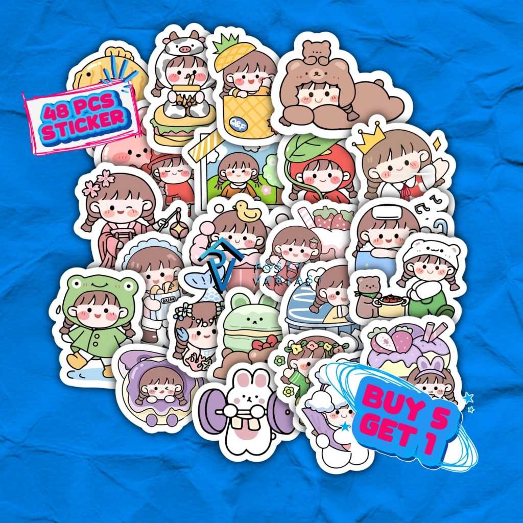 48 Pcs Sticker Pack Momo Kawai Aesthetic Cute Korean Cartoon Motif ...
