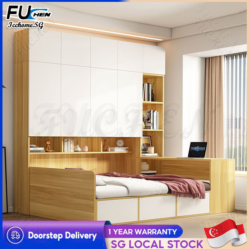 FUCHEN Bedroom Wardrobe Cabinet Tatami Bed Board With Desk Multifunctional Full Set Combination ...