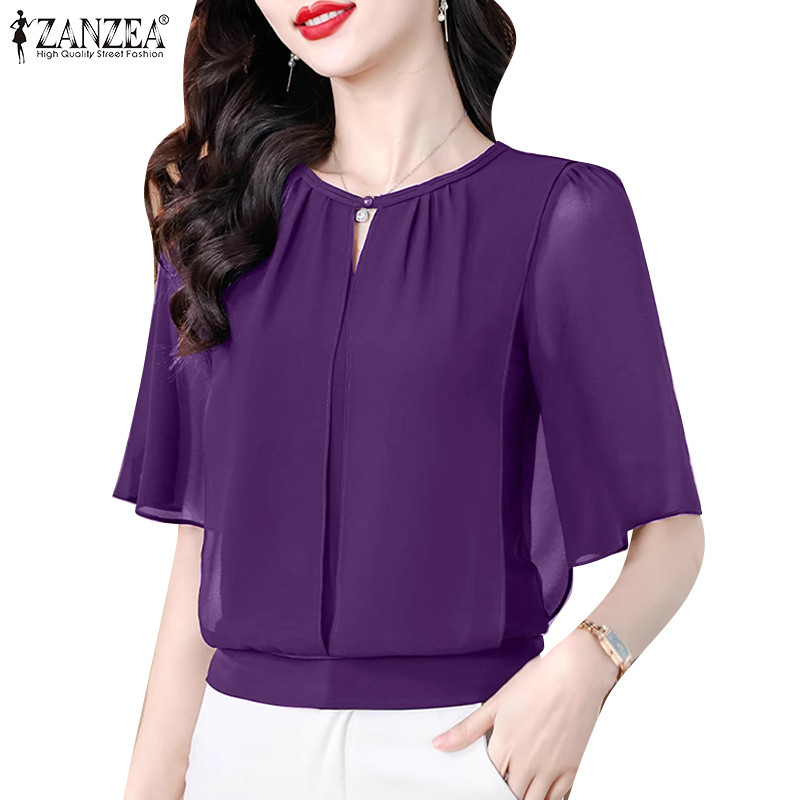 ZANZEA Women Korean Office Feminine Ruffle Sleeves Hollow Out Thin ...