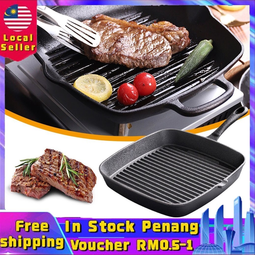 【Ready Stock】24CM Pure Cast Iron Steak Grill Skillet Uncoated NonStick ...