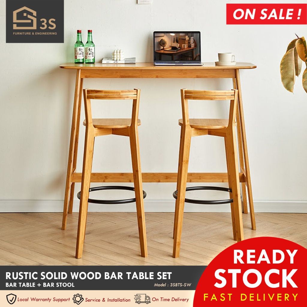 [3S FURNITURE] Solid Bamboo Wood Bar High Table With High Bar Stool ...