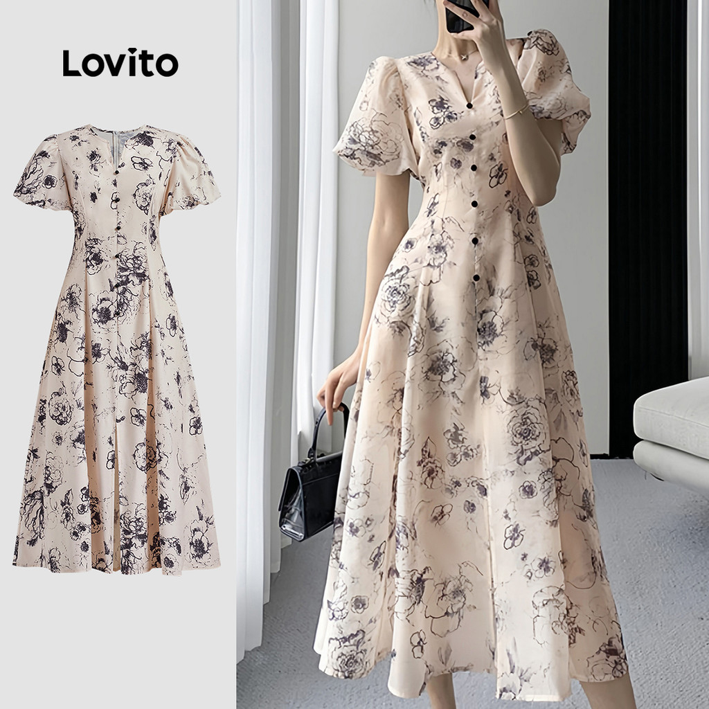 Lovito Elegant Dress Floral Button Split Summer/Spring Dress for Women ...