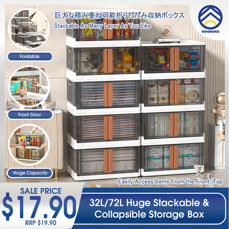 ODOROKU 32L/72L Huge Stackable & Collapsible Storage Box Stackable Foldable Storage Bins with ...