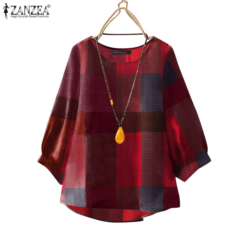 ZANZEA Women Casual Crew Neckline Three Quarter Sleeves Plaid Blouses ...