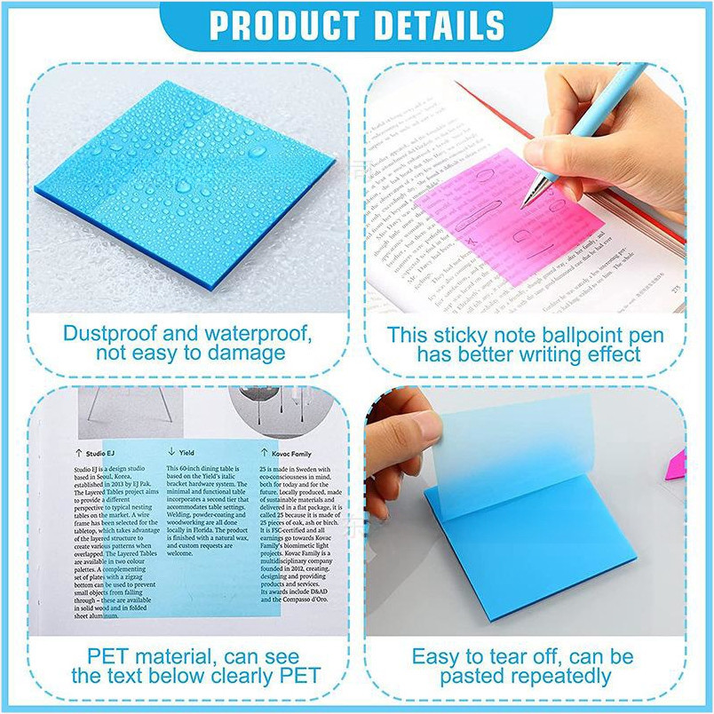 【F】50Sheets Ins PET Transparent Sticky Note Waterproof Sticky Memo Pad ...
