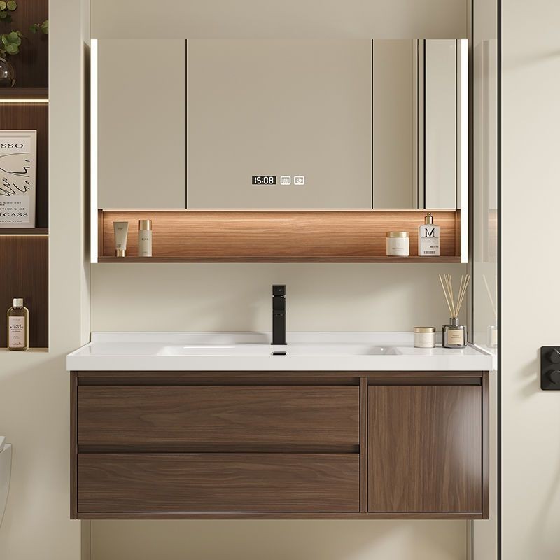 Modern Walnut Vanity Cabinet with Integrated Ceramic Basin - Stylish ...