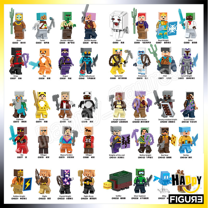 Minecraft Set Minifigure Ghast Zombie Villager Snowman Ocelot Building ...