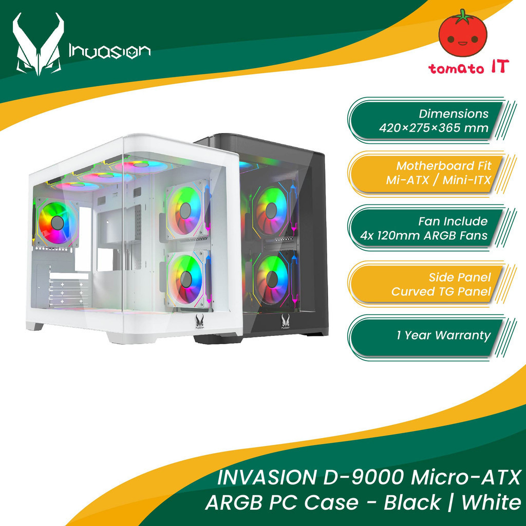INVASION D-9000 Micro-ATX 4x 120mm ARGB Fans Micro-ATX PC Case - Black ...