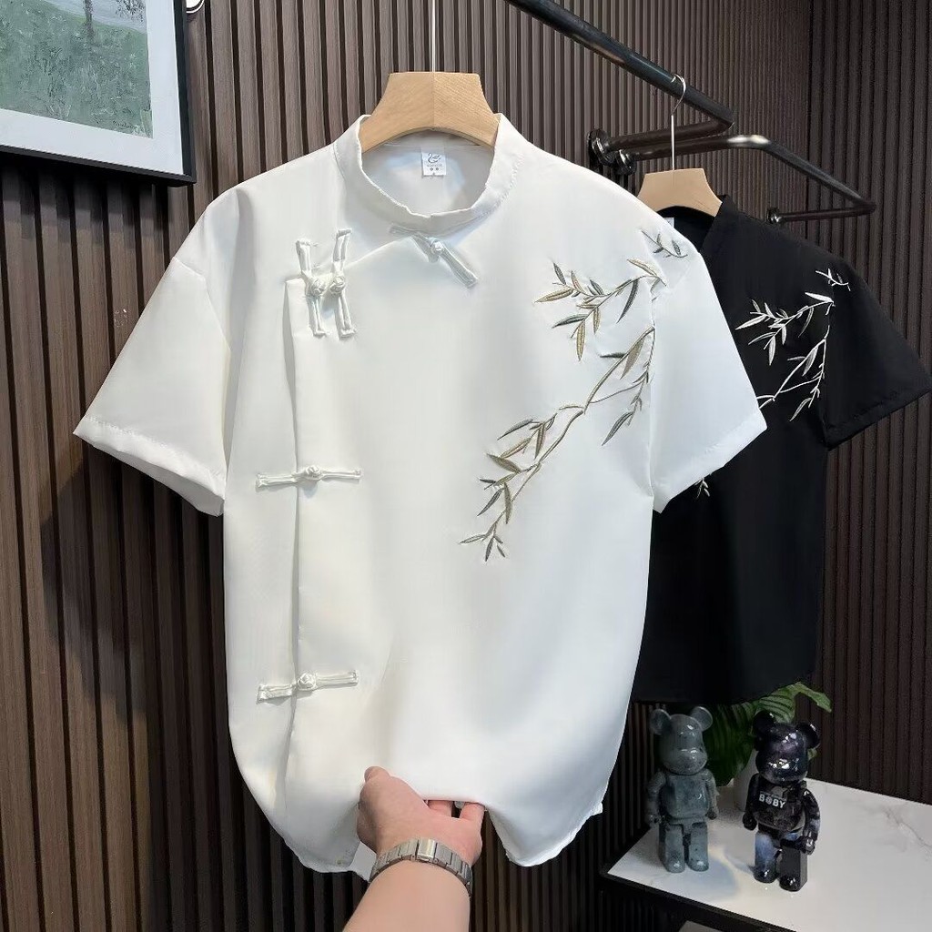Improved New Chinese Style Buttoned Shirt Men Niche Bamboo Embroidery ...