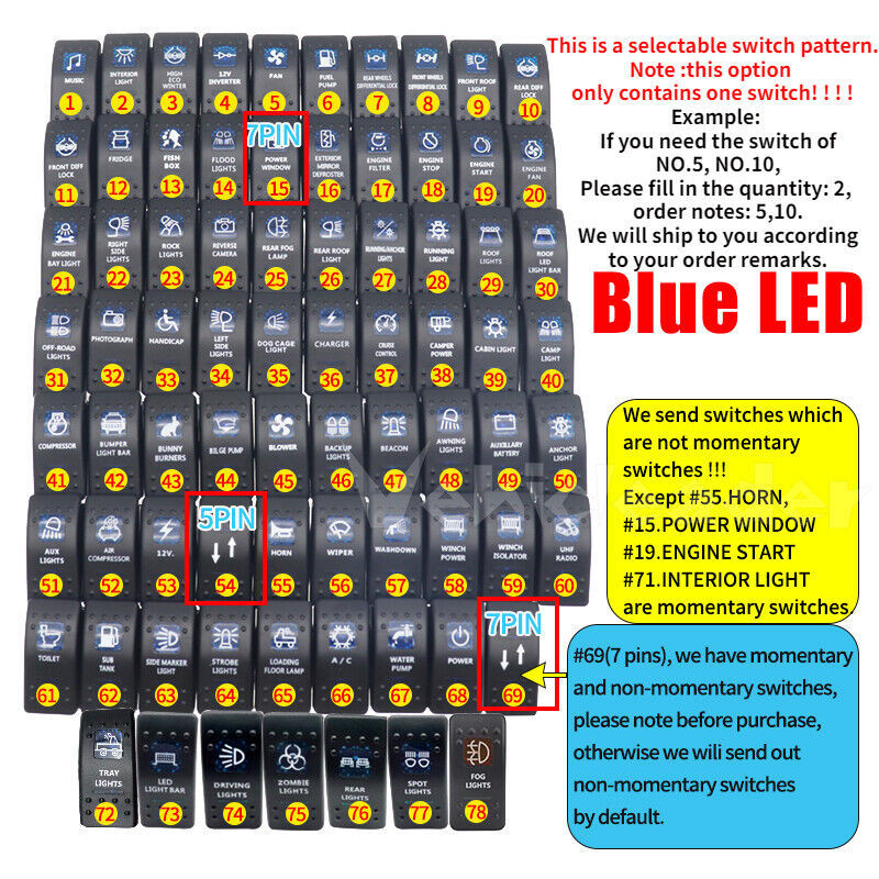 12V 24V Car Boat Caravan Dual Blue Backlight ROOF LED LIGHT BAR On Off ...