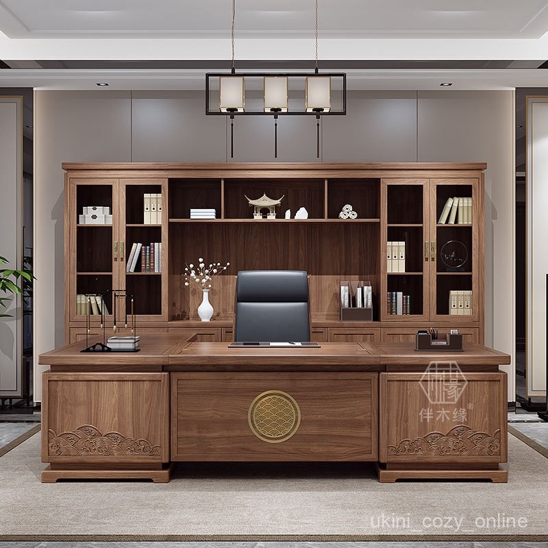 Solid Wood Boss Desk New Chinese Style Desk Combined Bookcase President ...