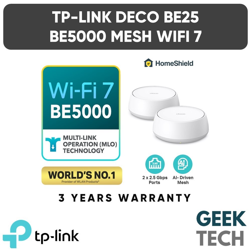 TP-Link Deco BE25 BE5000 WiFi 7 Whole Home AI-Driven Mesh WiFi Router with Homeshield (2/3 Pack ...