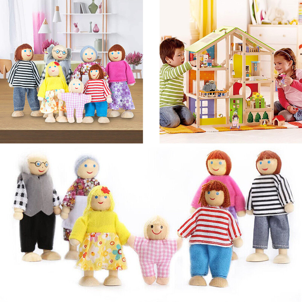 7PCS Happy Doll Family Miniature People Set Toy Wooden Jointed Dolls ...