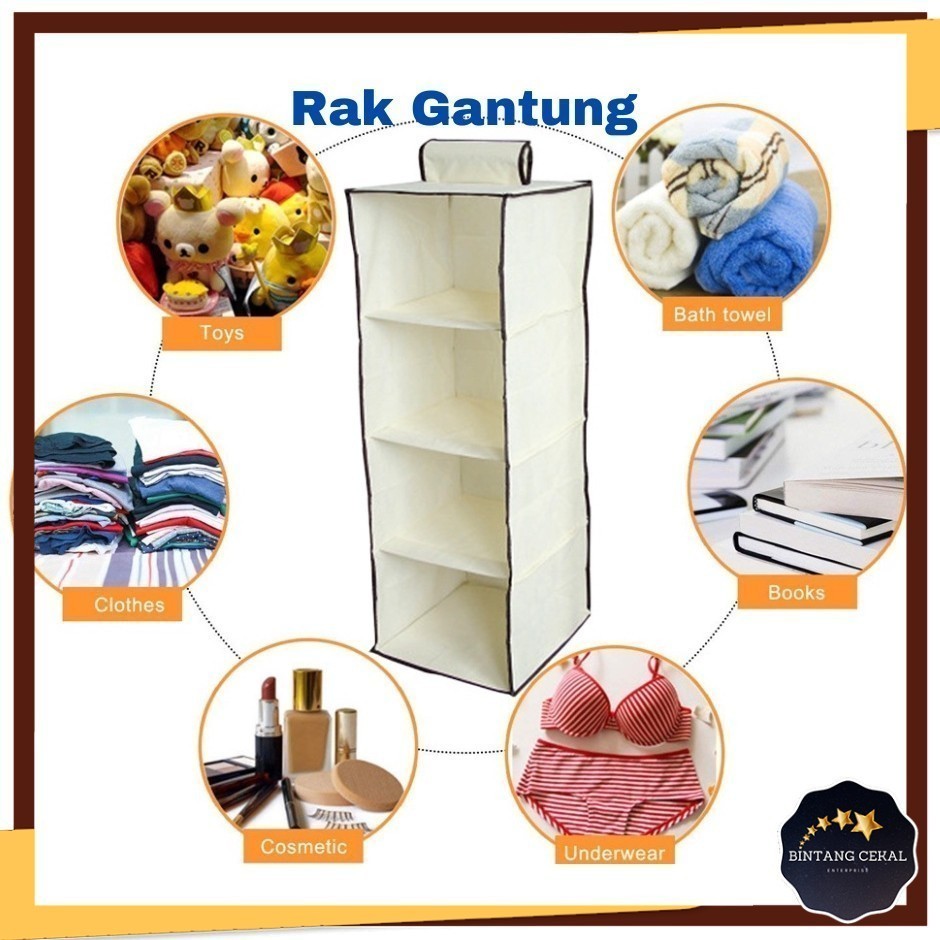 BC 4 Tier Shelf Pocket Vertical Hanging Wardrobe Organizer Clothes ...