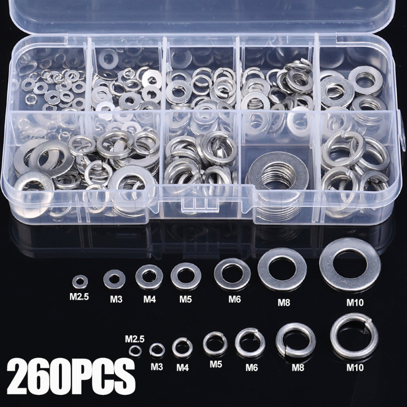 260Pcs 304 Stainless Steel Washer Set - Metal O-Ring Flat Washers ...
