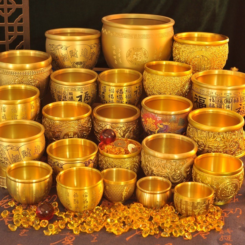 Brass desktop ornaments, gold ingot containers, and treasure pots ...