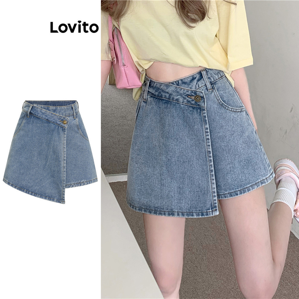 Lovito Casual Plain Washed Fake 2 In 1 Button Basic Denim Short for ...