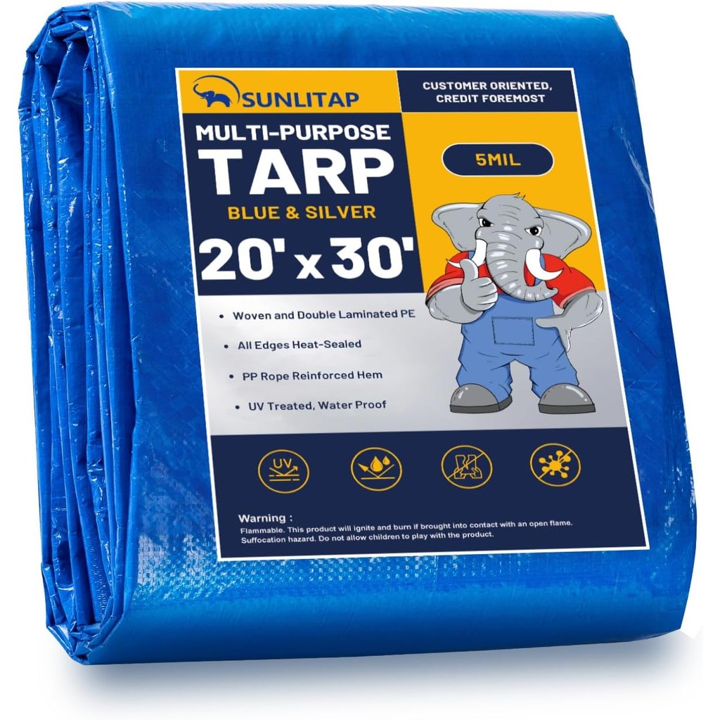 20x30Ft Tarp Cover 5 MIL Waterproof Poly Tarps, Light Duty Tarpaulin ...